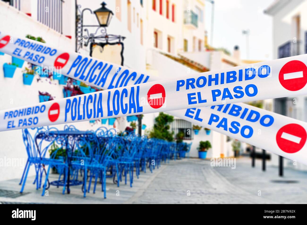 Mijas quarantined street. Public places closed caused by pandemic ...