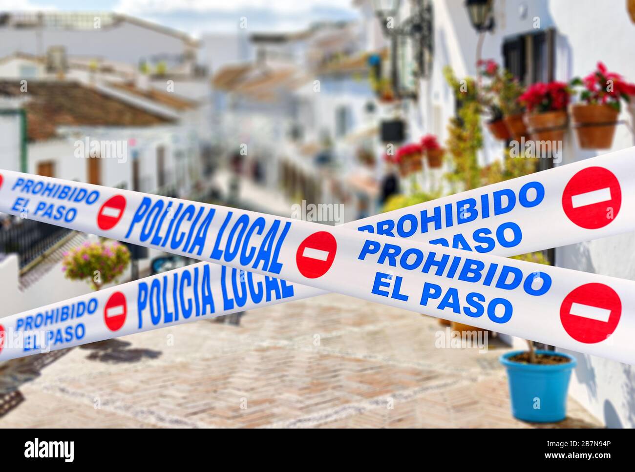 Mijas quarantined street. Public places closed caused by pandemic ...