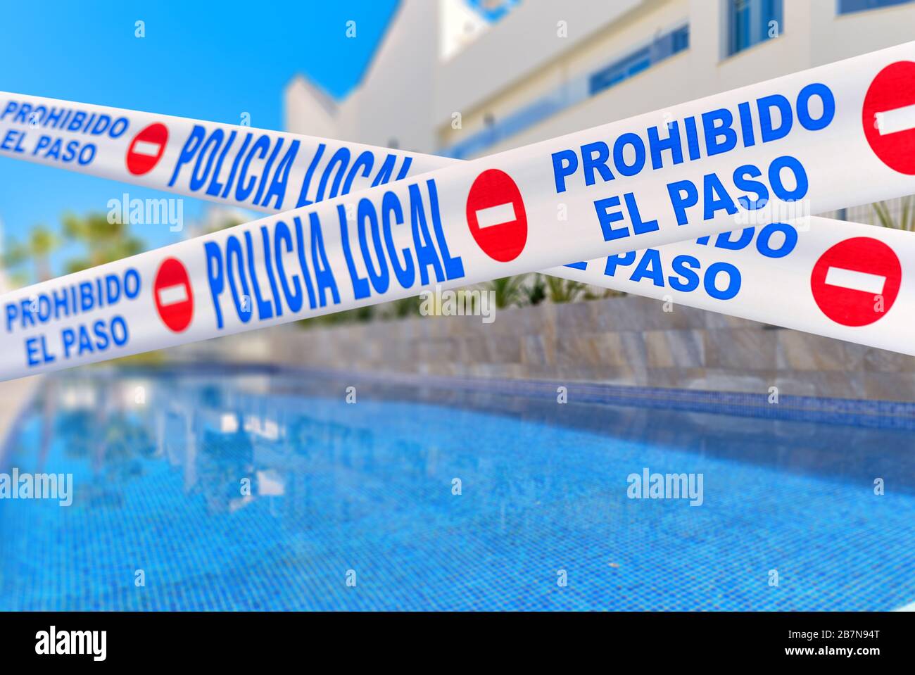 Quarantined public area, swimming pool closed caused by pandemic ...