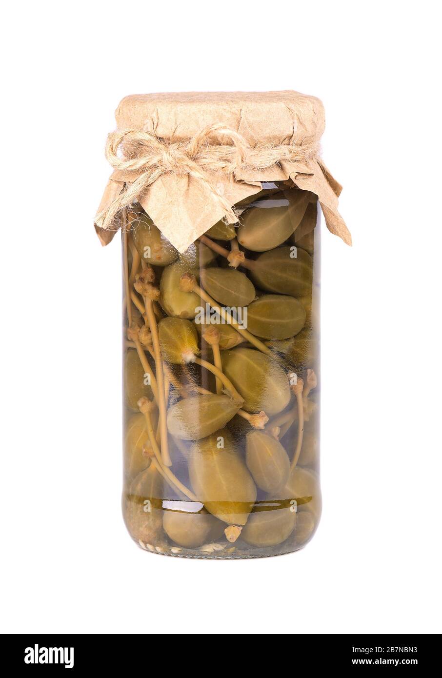 Pickled caper berries in jar isolated on white background. Capers ...
