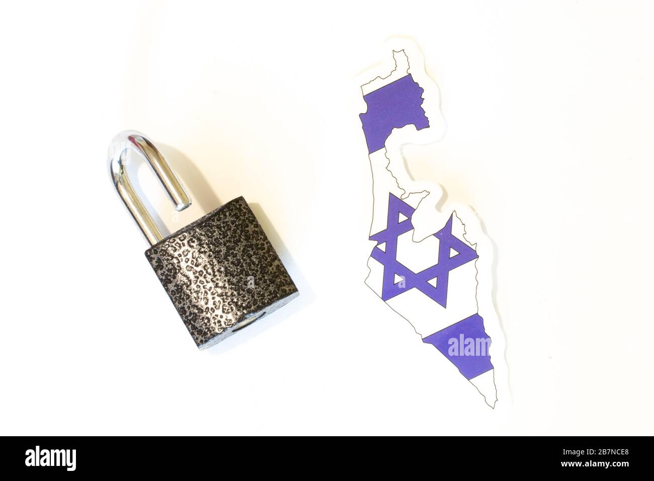 Israel national flag with outline on white background with open lock ...