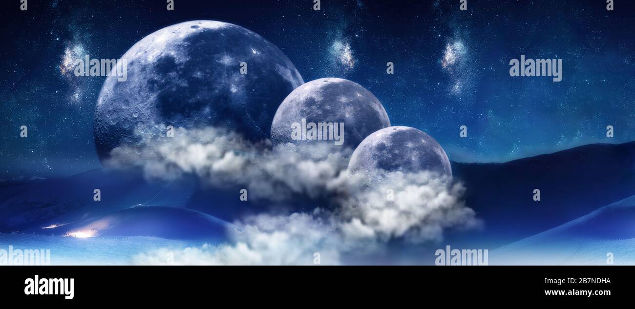 Fantastic art collage, night mountain landscape with a several moons ...