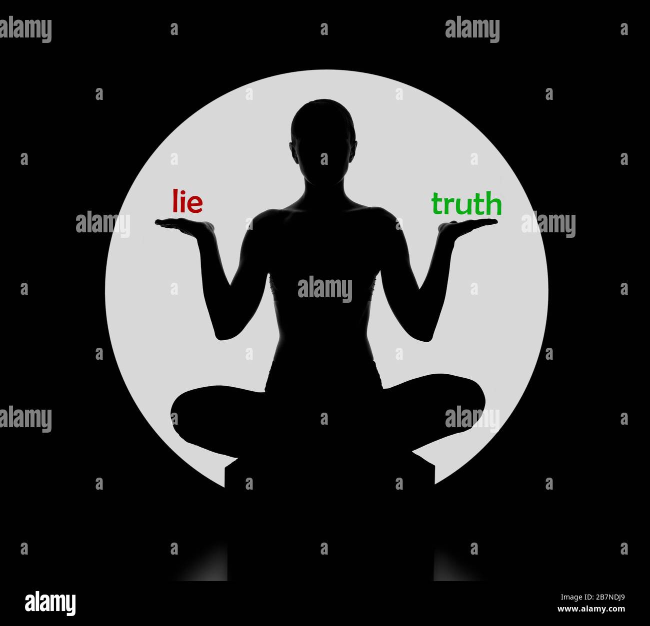 Silhouette of a slender young woman showing a lie and truth choice in a ...