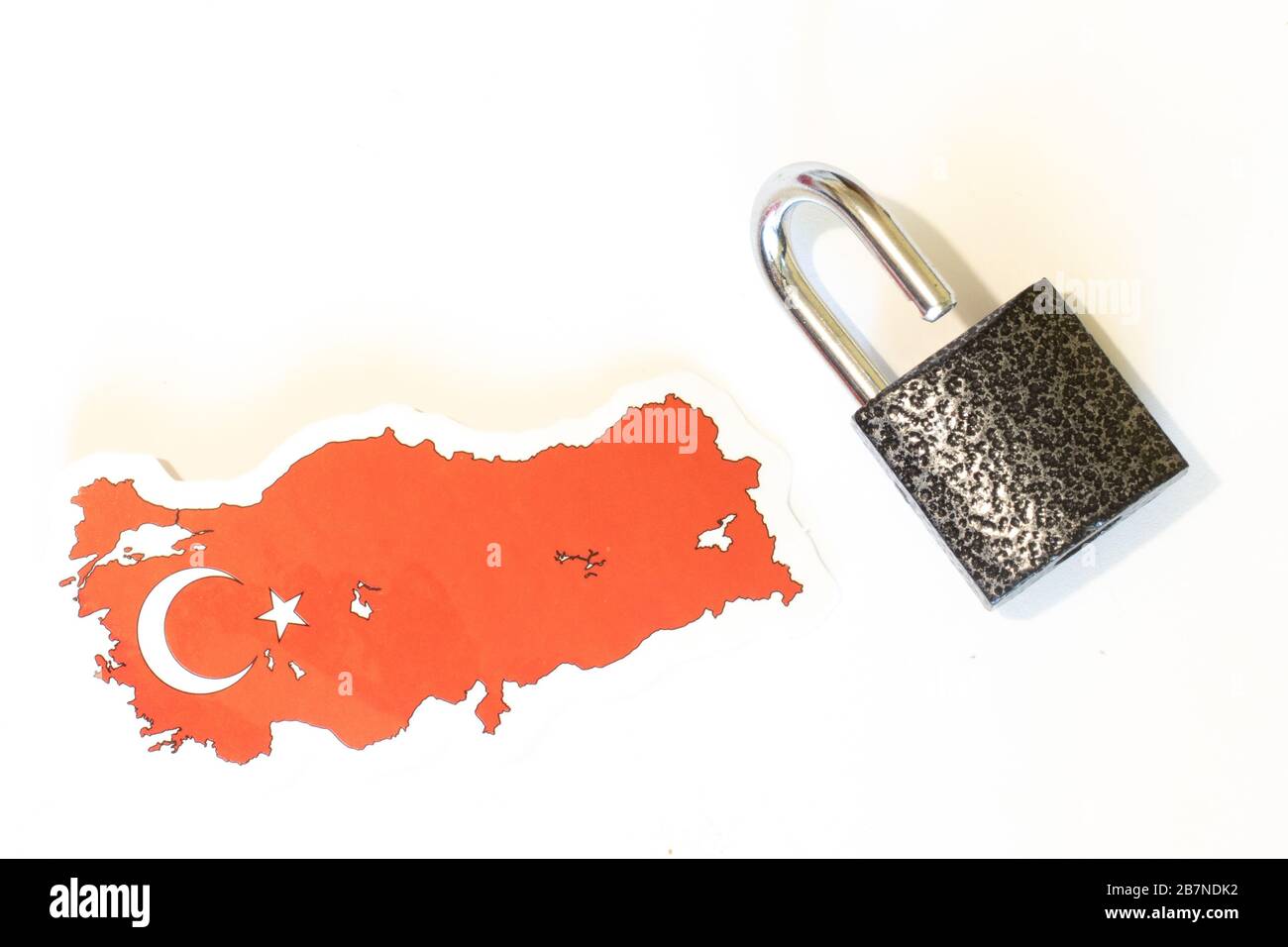 Turkey national flag with outline on white background with open lock ...