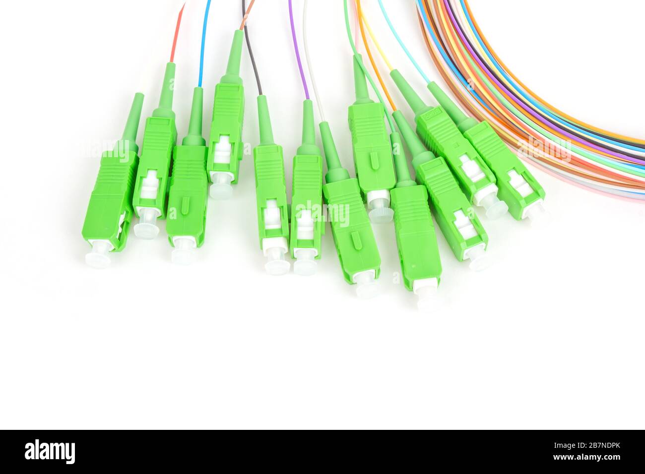 green fiber optic SC connectors fan out isolated on white background ...