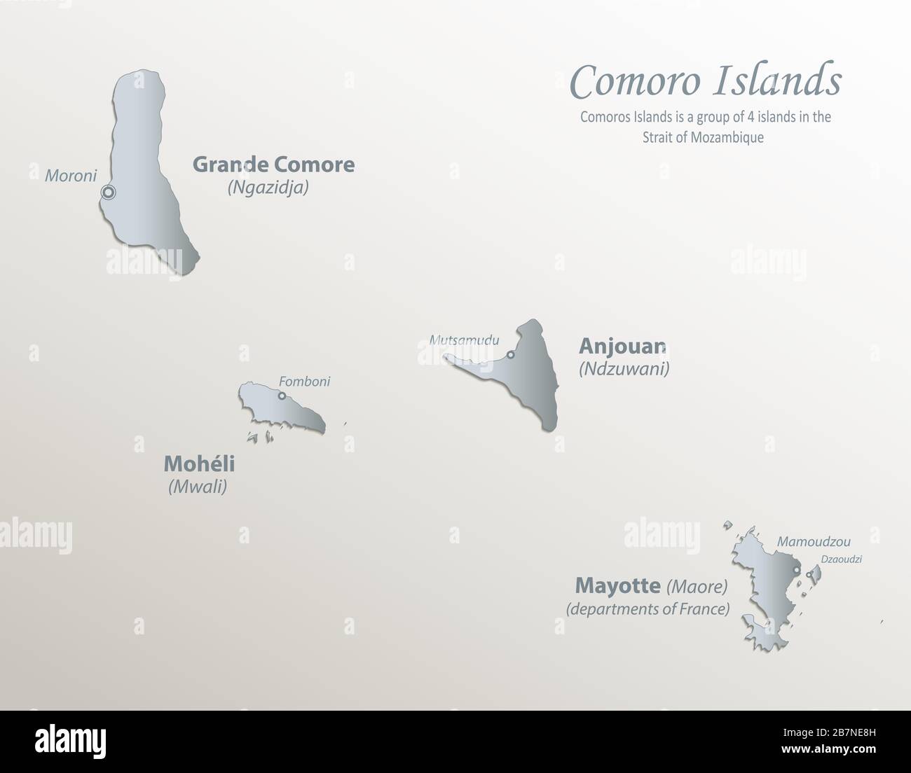 Comoro islands map and names city, white blue card paper 3D vector ...