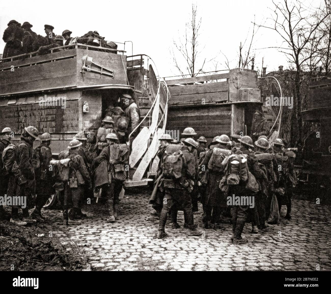 British troops boarding converted London buses in Arras, capital of the ...
