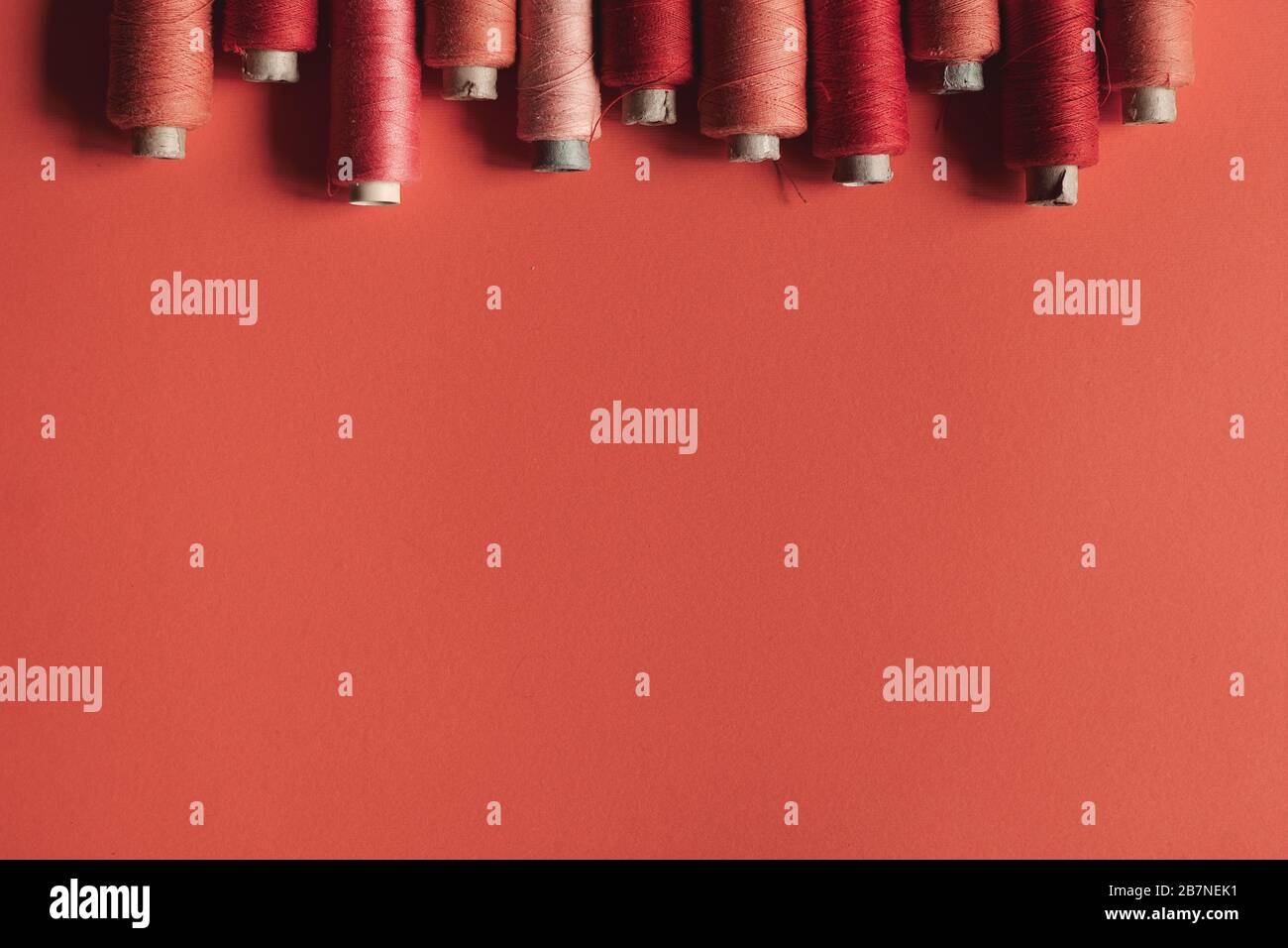 A red spool of threads on coral paper background, with copy space. red ...