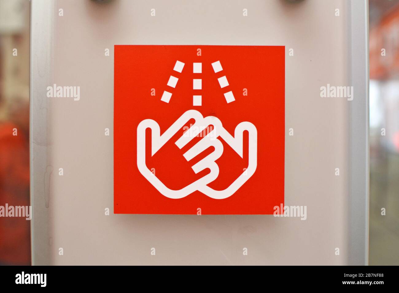 Heidelberg, Germany - March 2020: Red hand washing sign at public hand ...