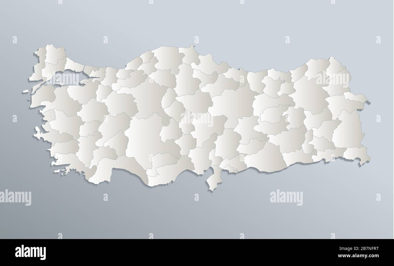 Turkey map, administrative division, blue white card paper 3D blank ...