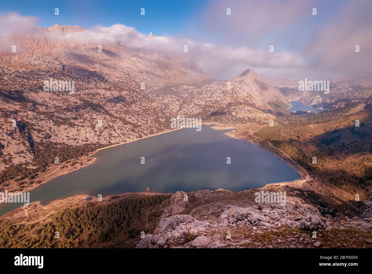 Puig Major with Cuber and Gorg Blau reservoirs, sun and blue skies with ...