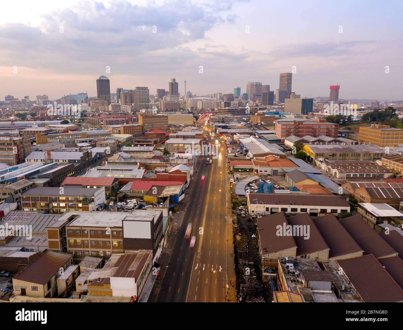 Aerial view of downtown of Johannesburg by sunset, South Africa Stock ...