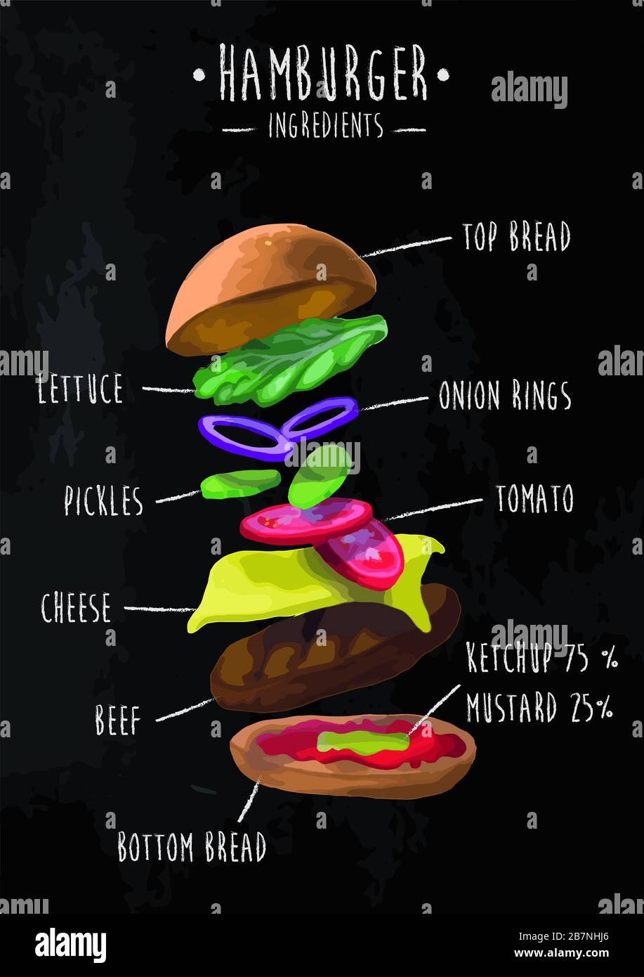Burger infographic with food layered with text Stock Photo - Alamy