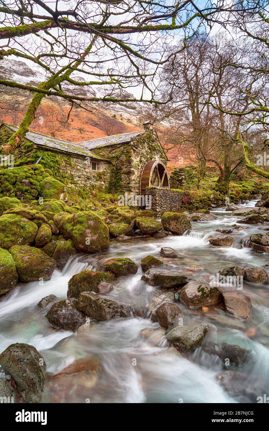 The old mill at Borrowdale on the banks of Combe Gill in the Lake ...