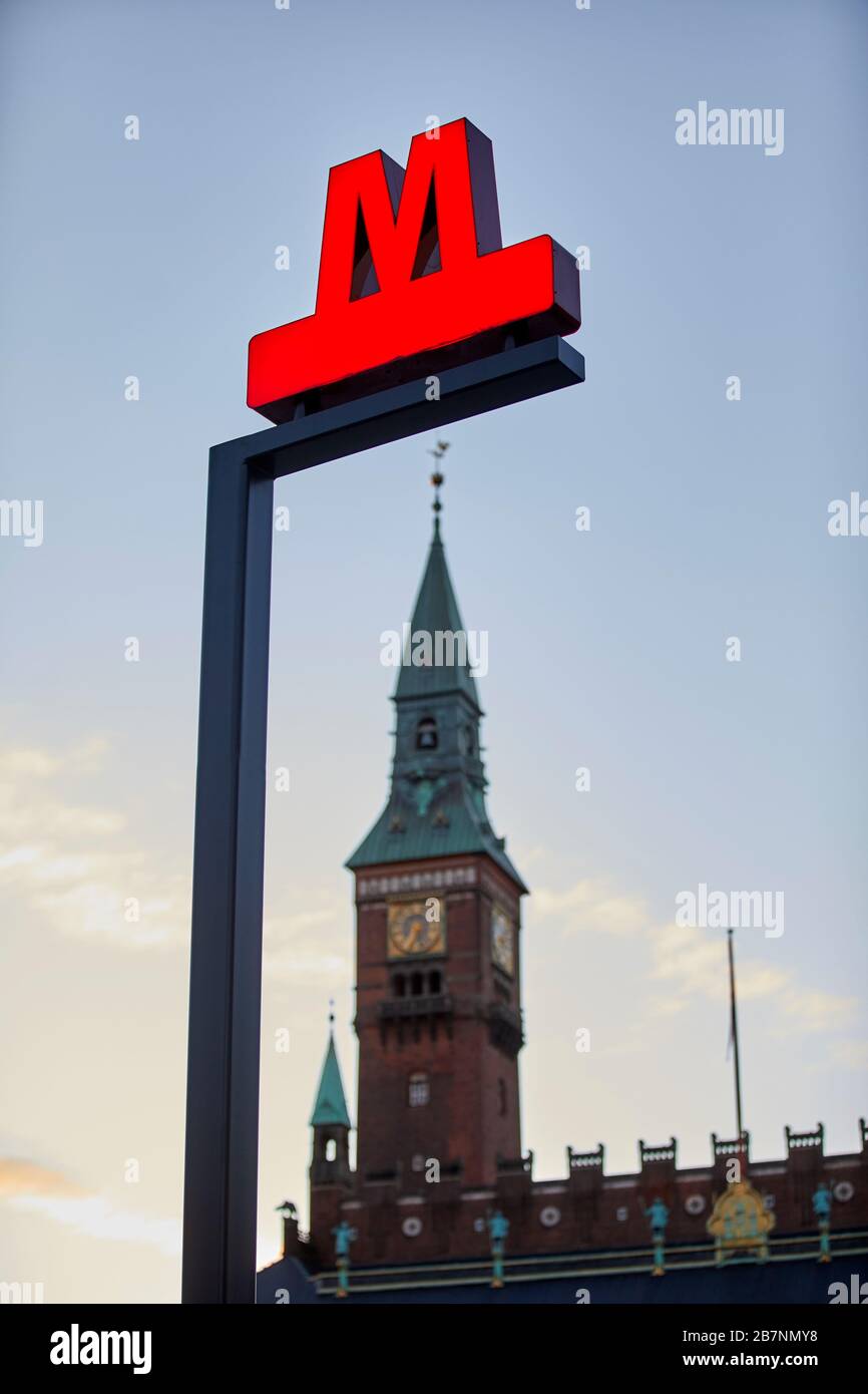 Copenhagen, Denmark’s capital, sign for Rådhuspladsen Metro station ...