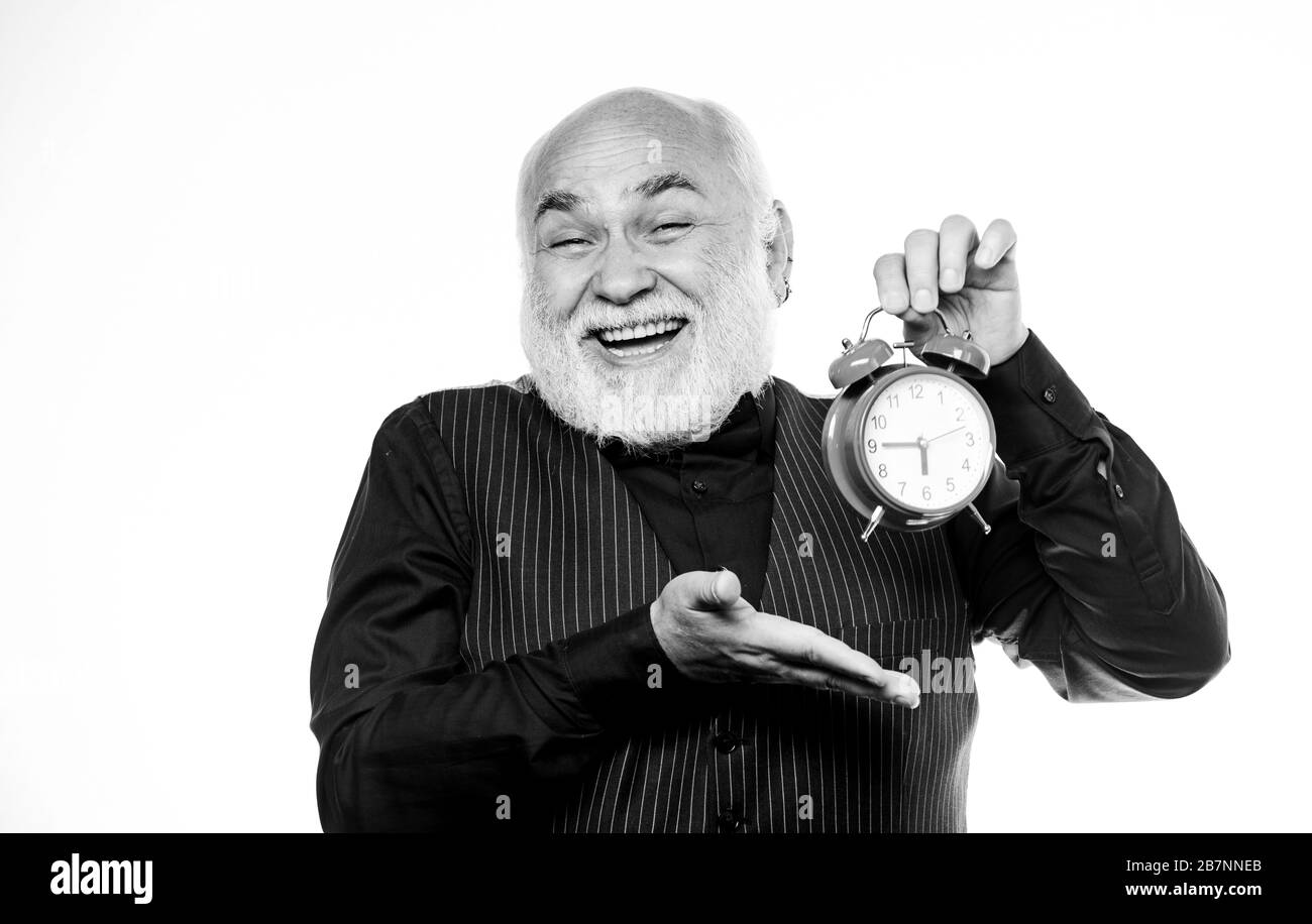 Senior man white beard. Senior timekeeper. Counting time. Time does not ...