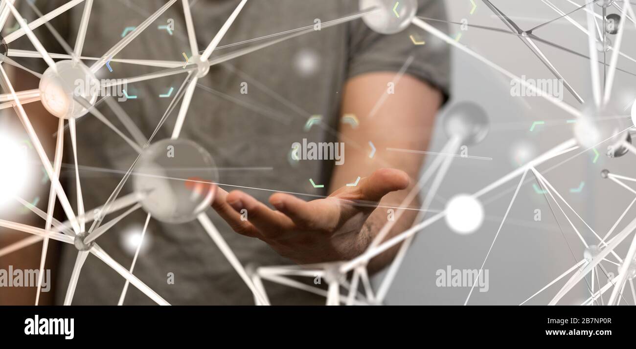 Male hand holding an interface with small circles connected depicting ...