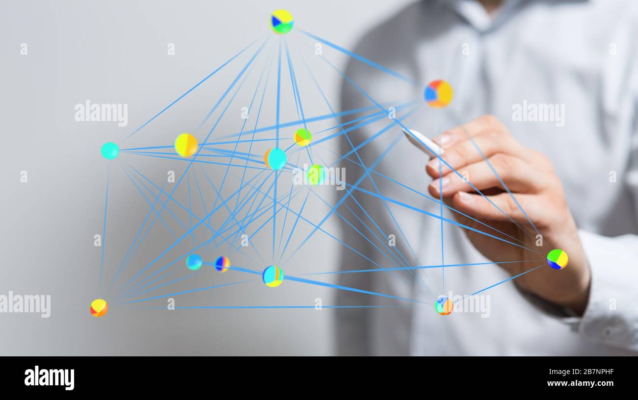 Male hand and dots connected to each other- global connectivity data ...