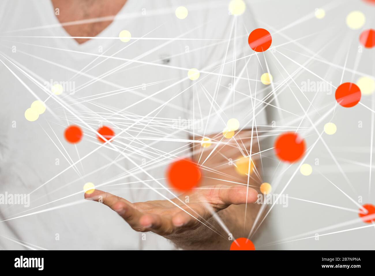 Male hand and dots connected to each other- global connectivity data ...