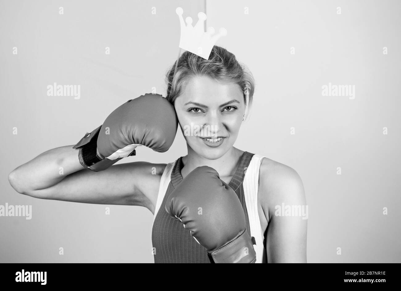 Celebrate success. Queen of boxing ring. Sportswoman with princess ...