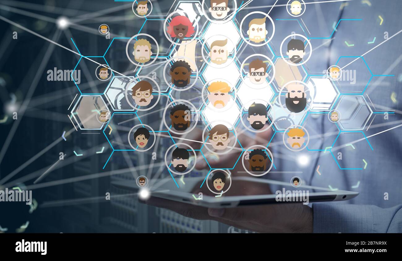 Male hand laptop and people icons connected to each other-online ...