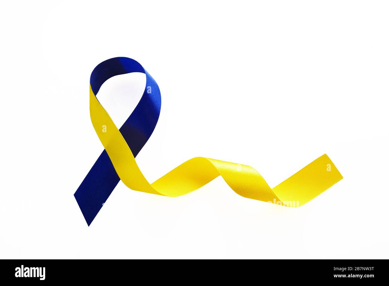 Blue and yellow ribbon on white background. World down syndrome day ...