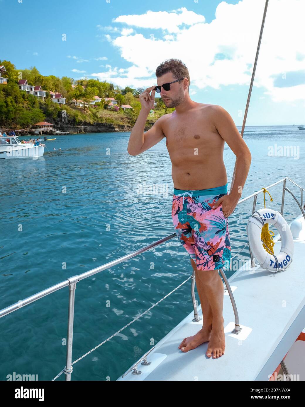 St Lucia caribbean sea, young guy on vacation at the tropical island ...