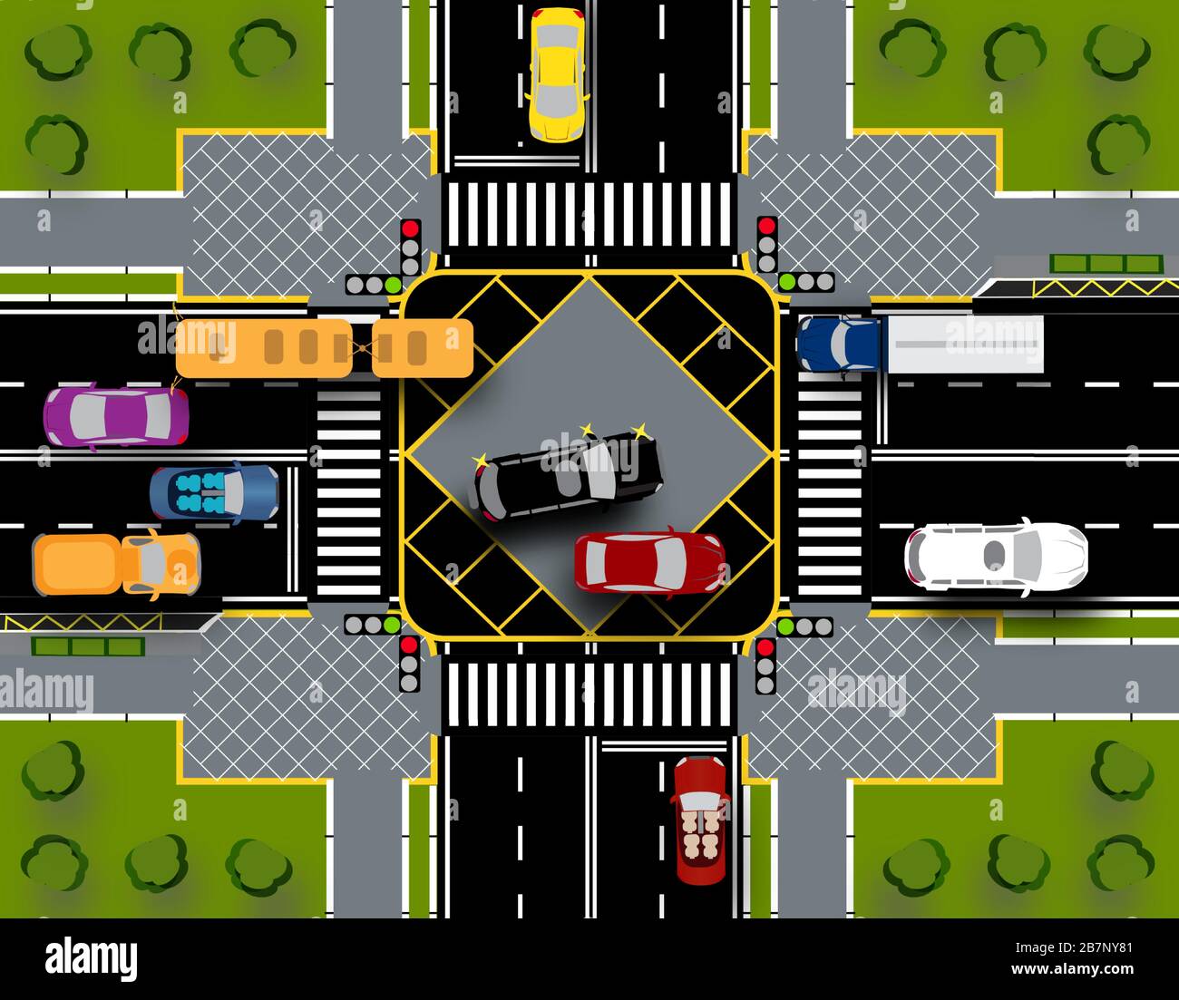 City intersection with a pedestrian crossing and traffic lights ...