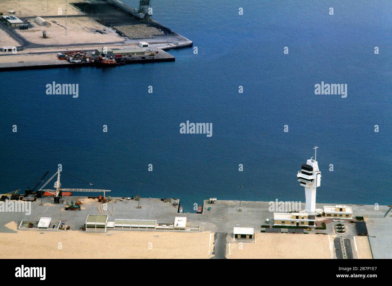 Dubai UAE Aerial Of Mina Jebel Ali Port Control Tower 1980's Stock ...