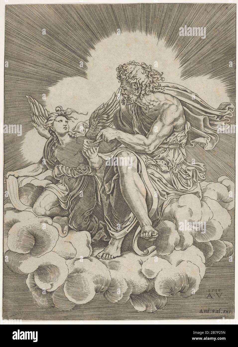 St. Matthew, seated on a cloud and dipping a quill into an inkwell held ...