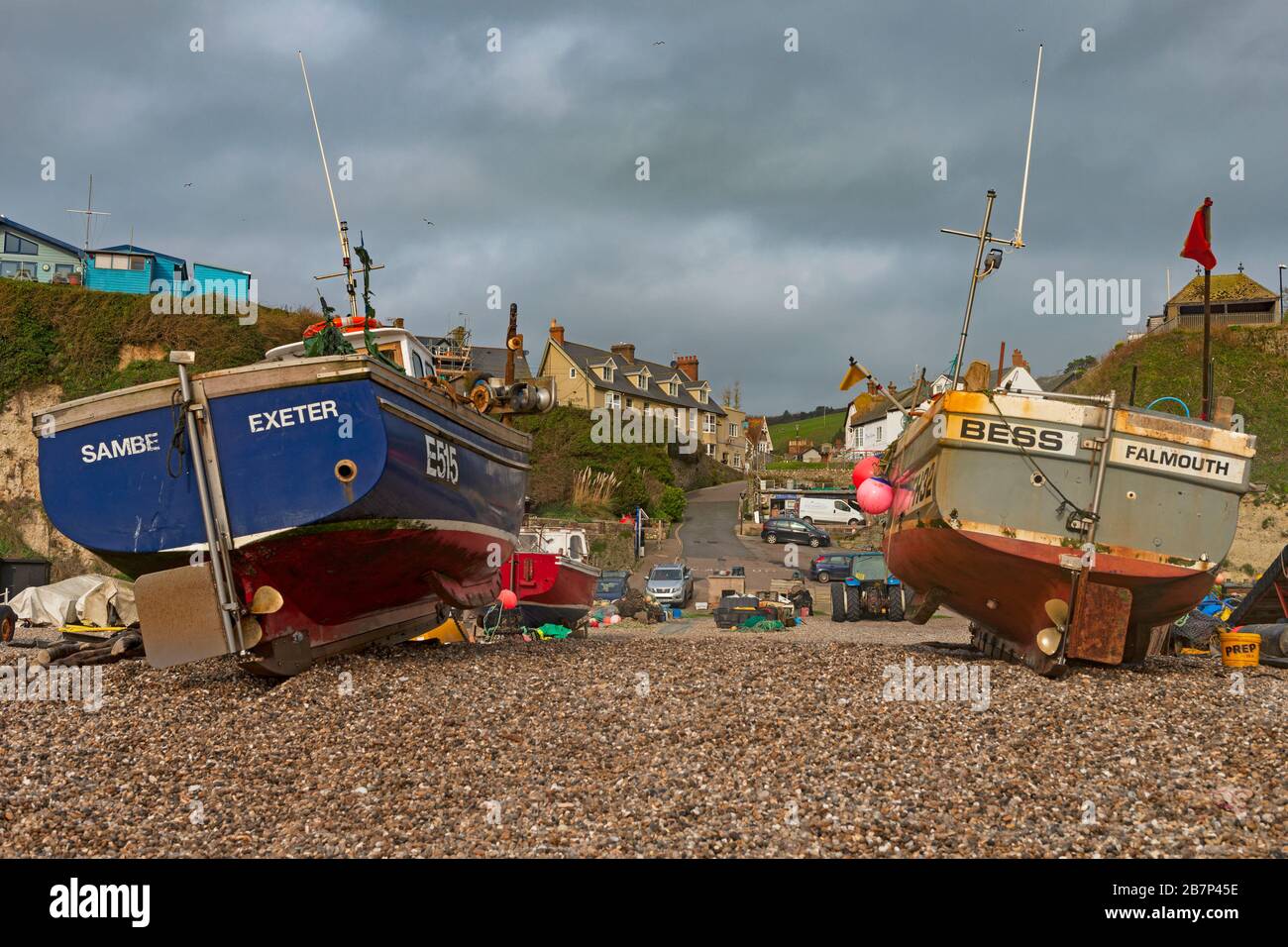 Fishing boats on the beach at Beer, Devon, England. Uk Stock Photo - Alamy