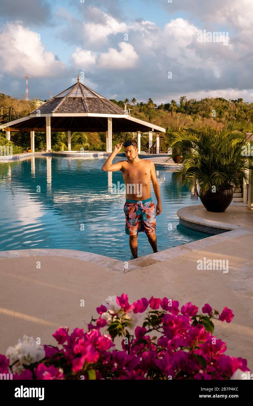 St Lucia caribbean sea, young guy on vacation at the tropical island ...