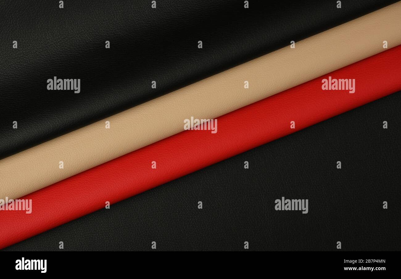 Close up background of black, red and beige white natural leather grain ...