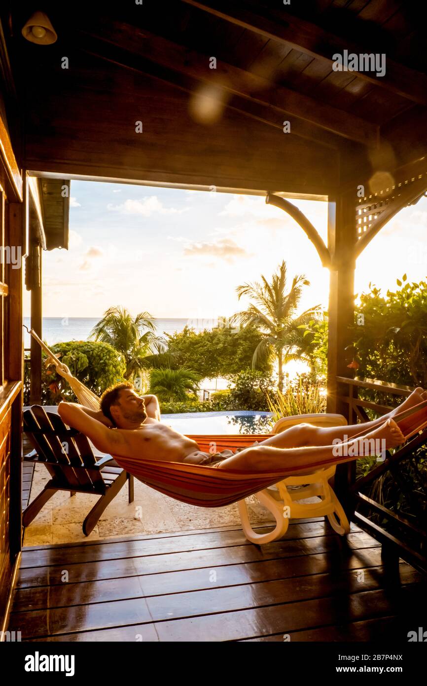 St Lucia caribbean sea, young guy on vacation at the tropical island ...