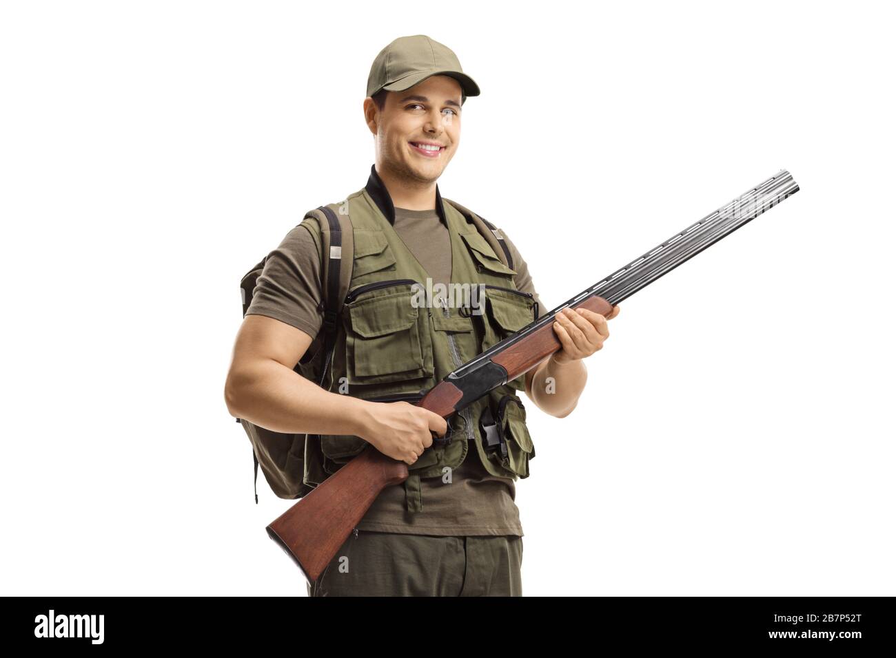 Young man hunter posing with a rifle isolated on white background Stock ...