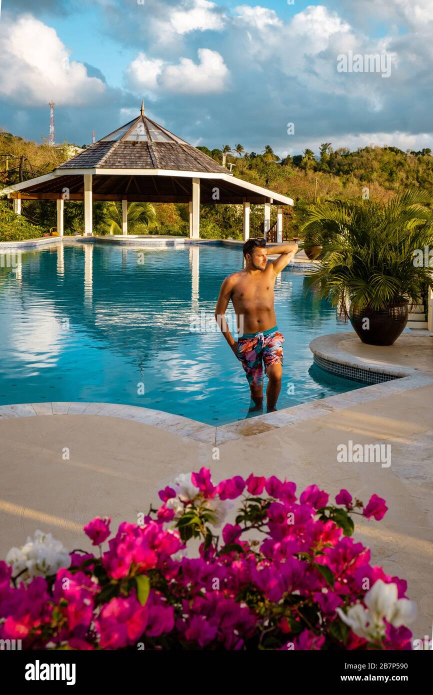 St Lucia caribbean sea, young guy on vacation at the tropical island ...