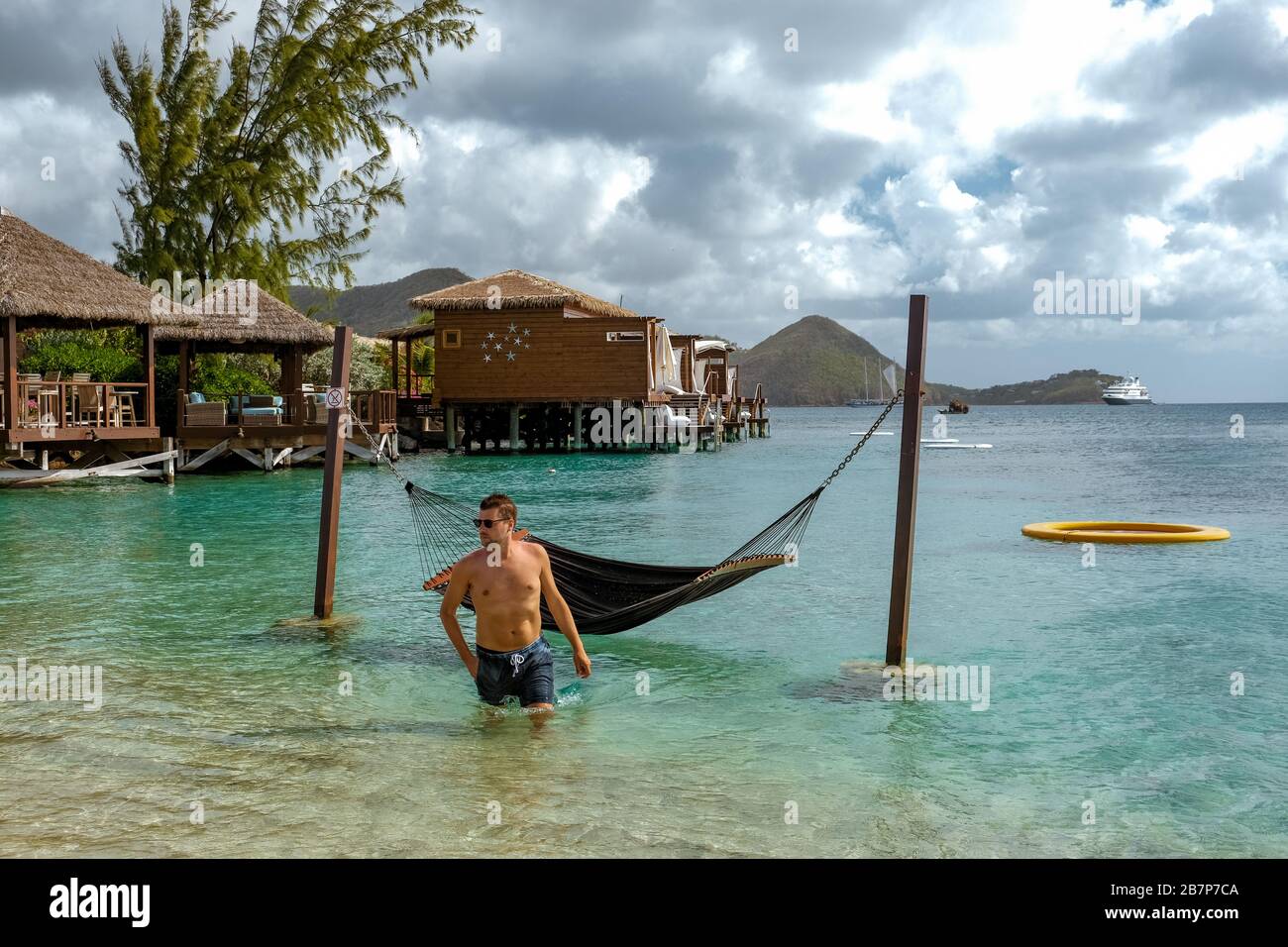 St Lucia caribbean sea, young guy on vacation at the tropical island ...