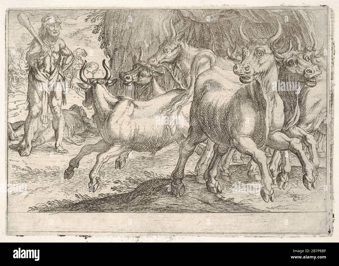 Hercules and the Oxen of Geryones: with a club raised by his right hand ...