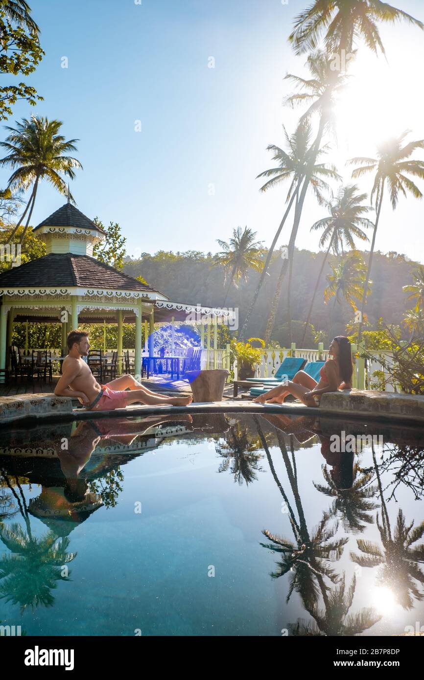 Saint Lucia caribbean, couple on vacation at the tropical Island of St ...