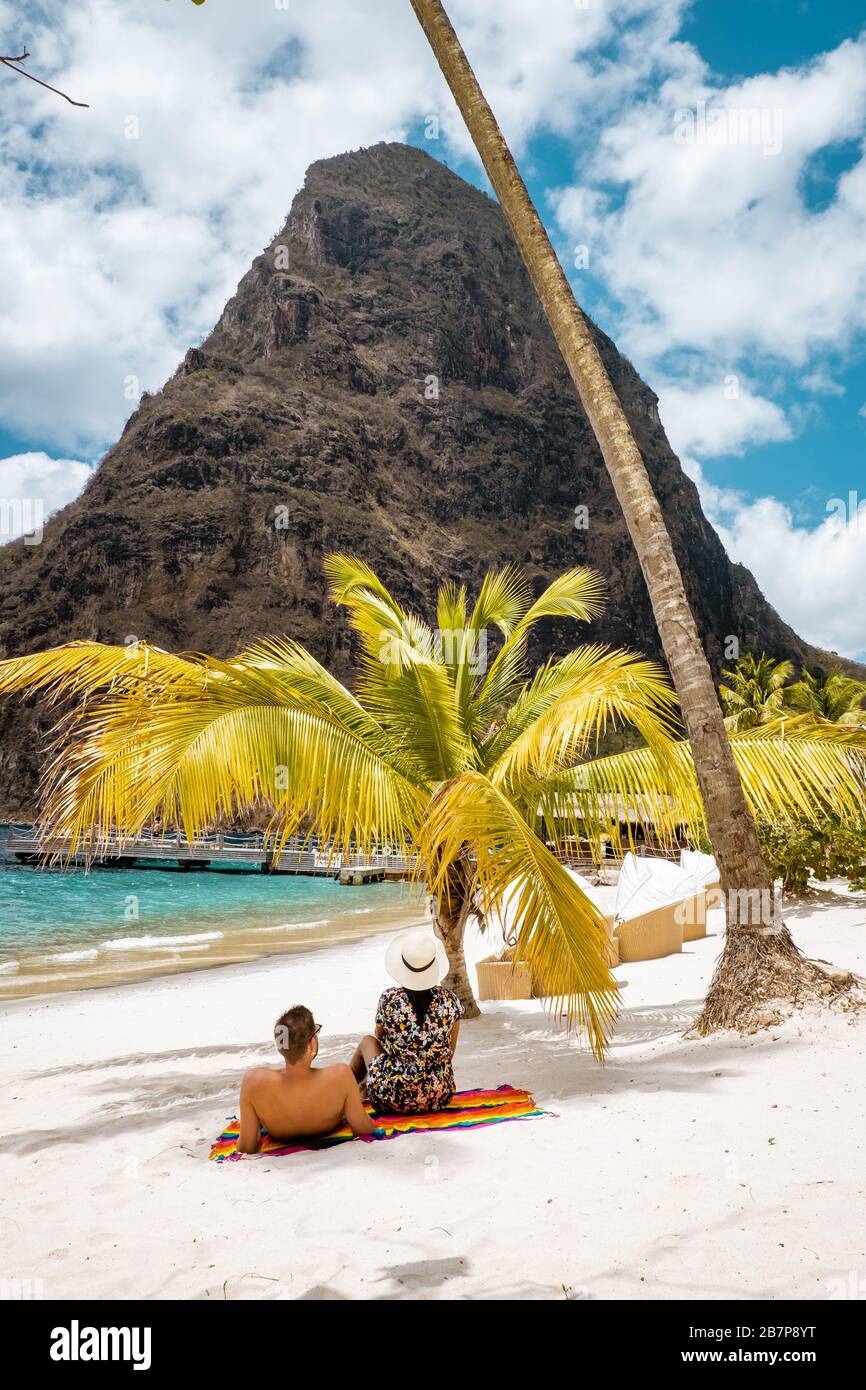 Saint Lucia caribbean, couple on vacation at the tropical Island of St ...