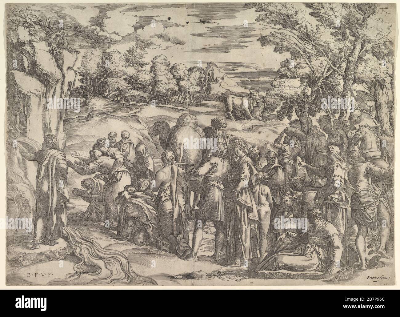 Moses Drawing Water from the Rock, at left with water flowing, various ...