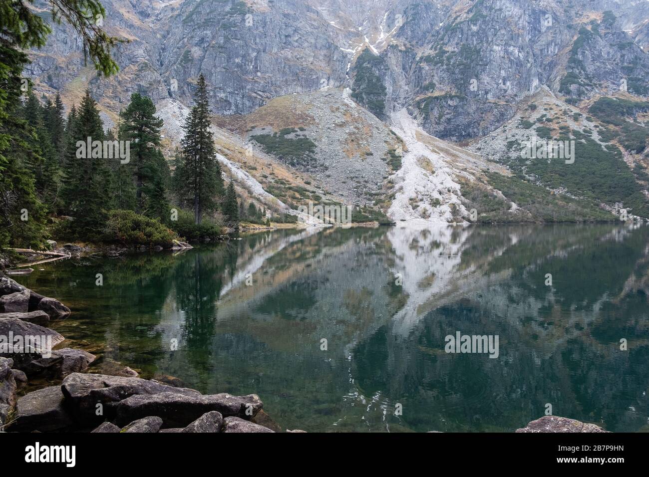 Famous polish landscape - mountain lake Morskie Oko, Tatra Mountains ...
