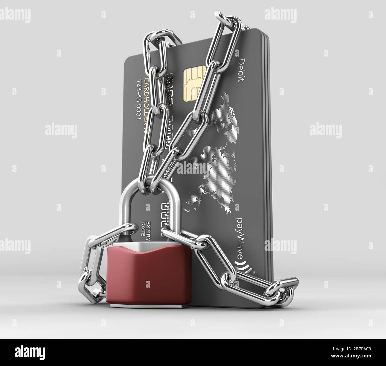 3d rendering of credit card with chains and pad lock, cplipping path ...