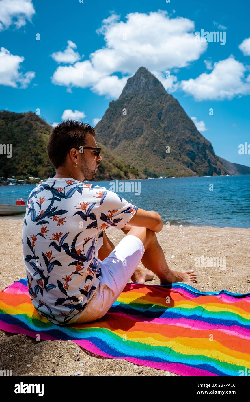 St Lucia caribbean sea, young guy on vacation at the tropical island ...