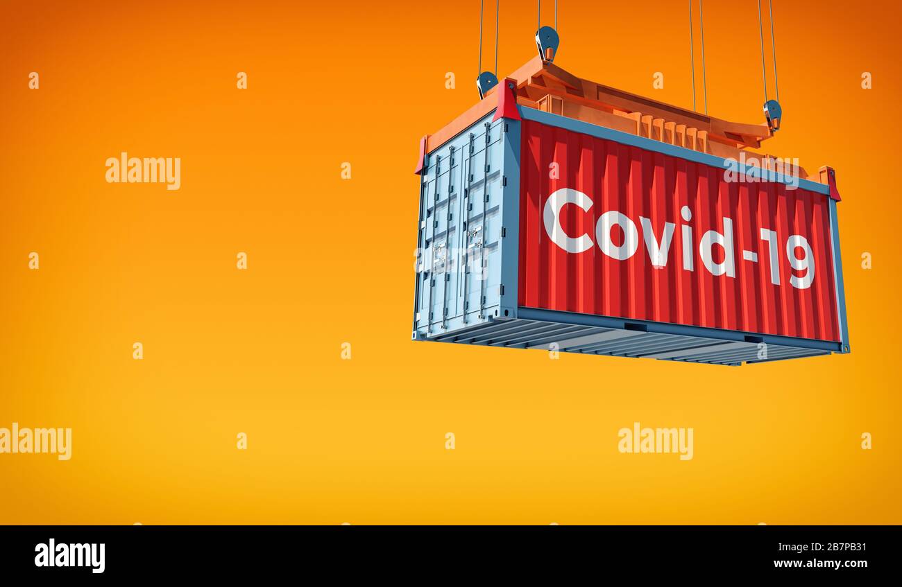 Container with Coronavirus Covid-19 text on the side. Concept of ...