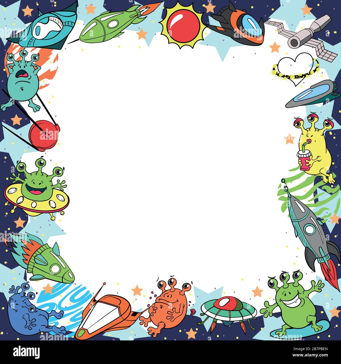 cute funny square space color photo frame, with aliens, on the surf ...