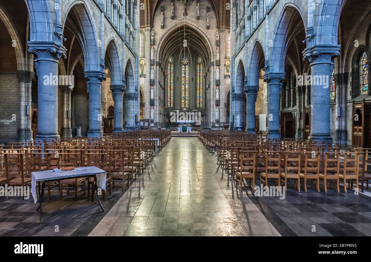 The decorated gothic interior of the Saint Remigius church in Molenbeek ...