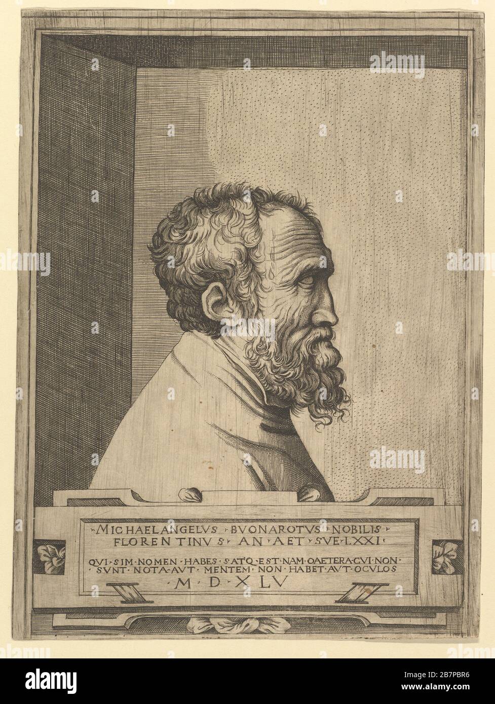 Portrait of Michelangelo in profile facing right set within a recess ...