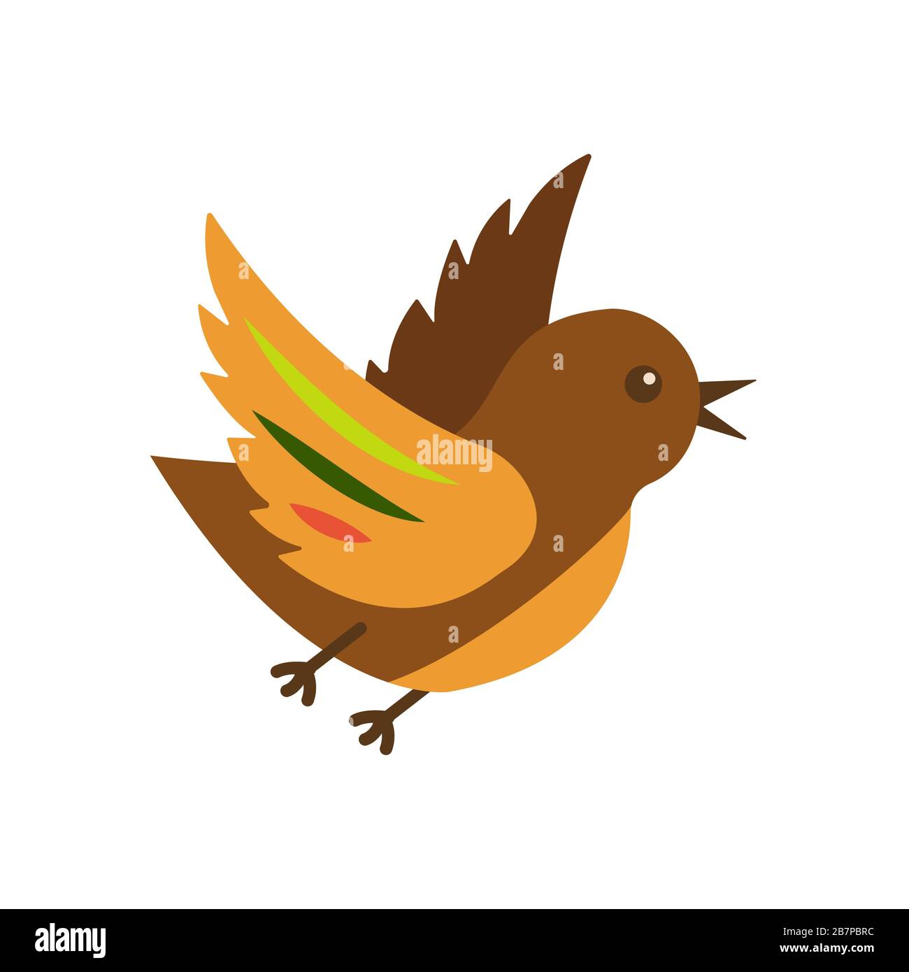 Cute bird with colorful plumage on a white background in flight flaps ...