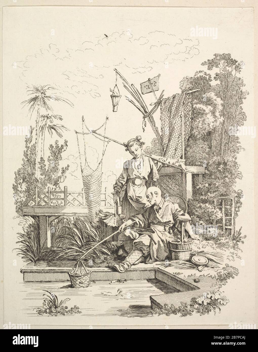 A Chinese Man and Woman Fishing by a Fishpond, 18th century. Scenes of ...
